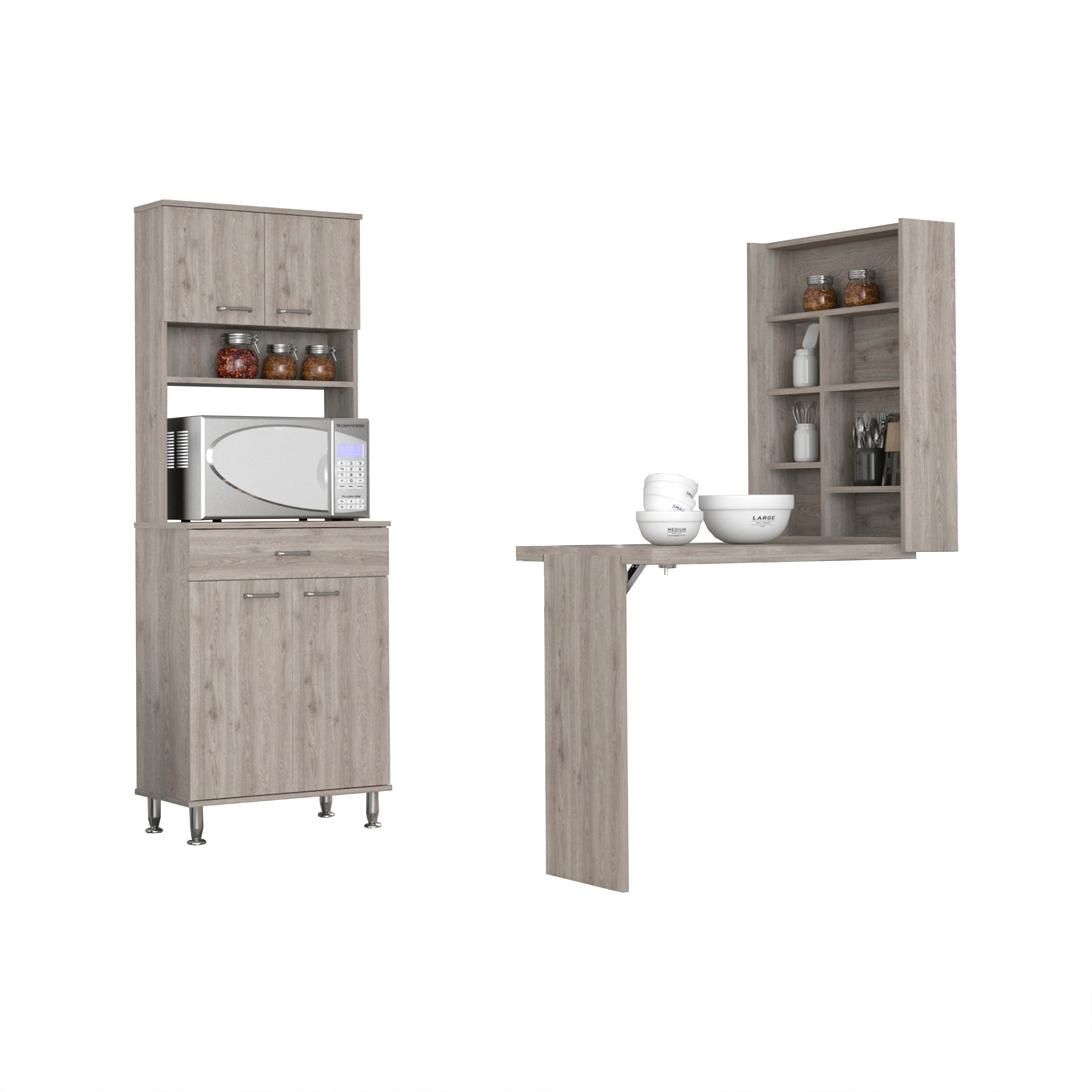 Winnipeg 2 Piece Kitchen Set, Pantry + Functional Table, Light Gray Fi ...